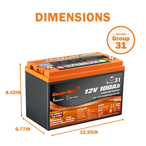 Enjoybot 12V 100Ah BT LiFePO4 Lithium Battery with Bluetooth & Low-Tem ...