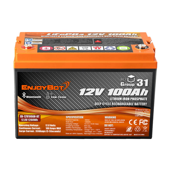 Enjoybot 12V 100Ah BT LiFePO4 Lithium Battery with Bluetooth & Low-Tem ...