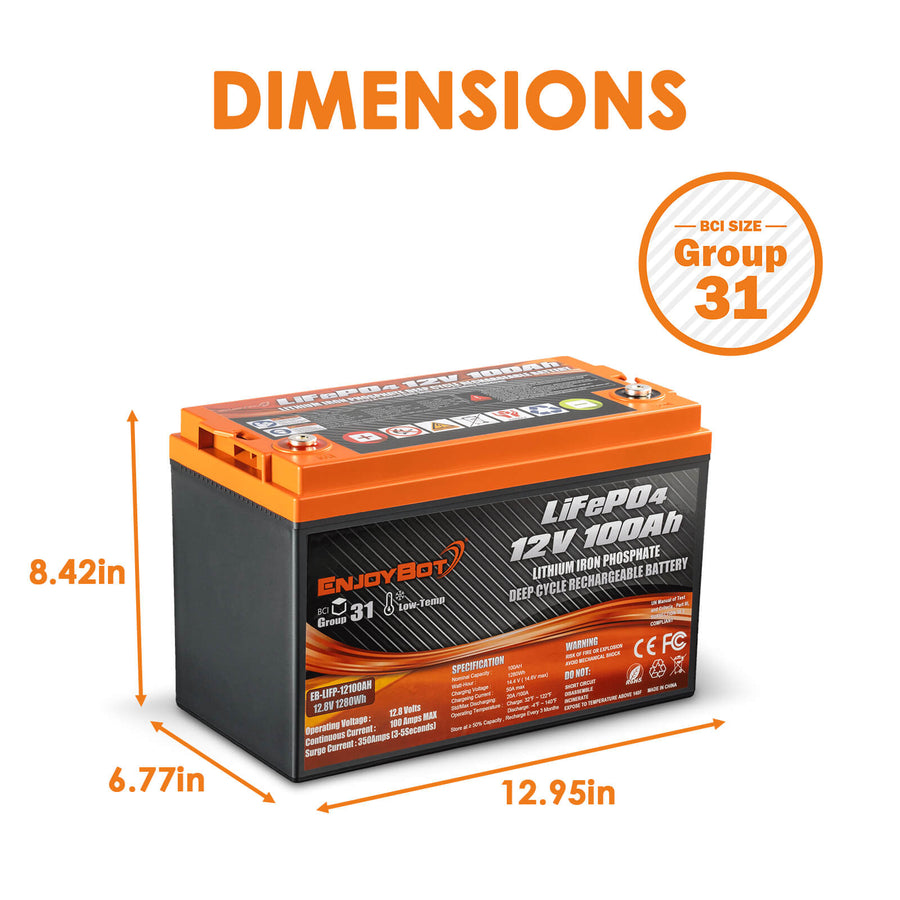 Enjoybot 12V 100Ah BT LiFePO4 Lithium Battery with Bluetooth & Low-Tem ...