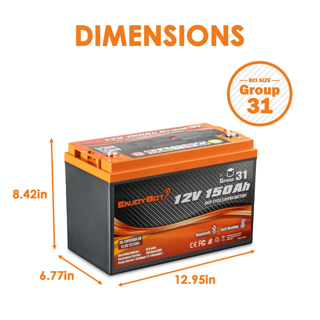 Enjoybot 12V 150Ah Group 31 Bluetooth LiFePO4 Lithium Battery With Self ...
