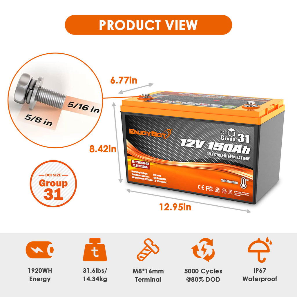 Enjoybot 12V 150Ah Group 31 LiFePO4 Lithium Battery With Self-Heating ...